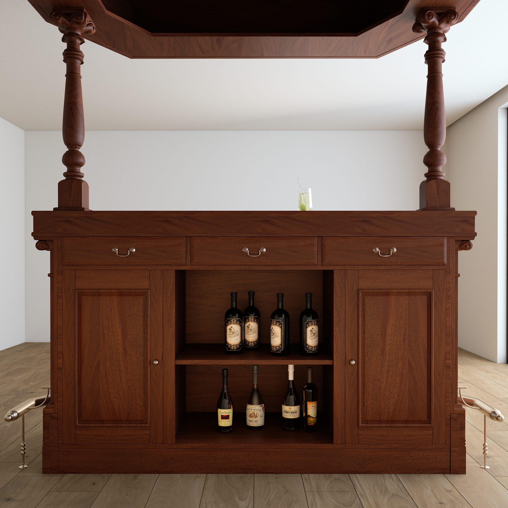 6.5Ft Solid Mahogany Canopy Home Bar W/ Brass Rails – WNL45 – WoodnLuxury