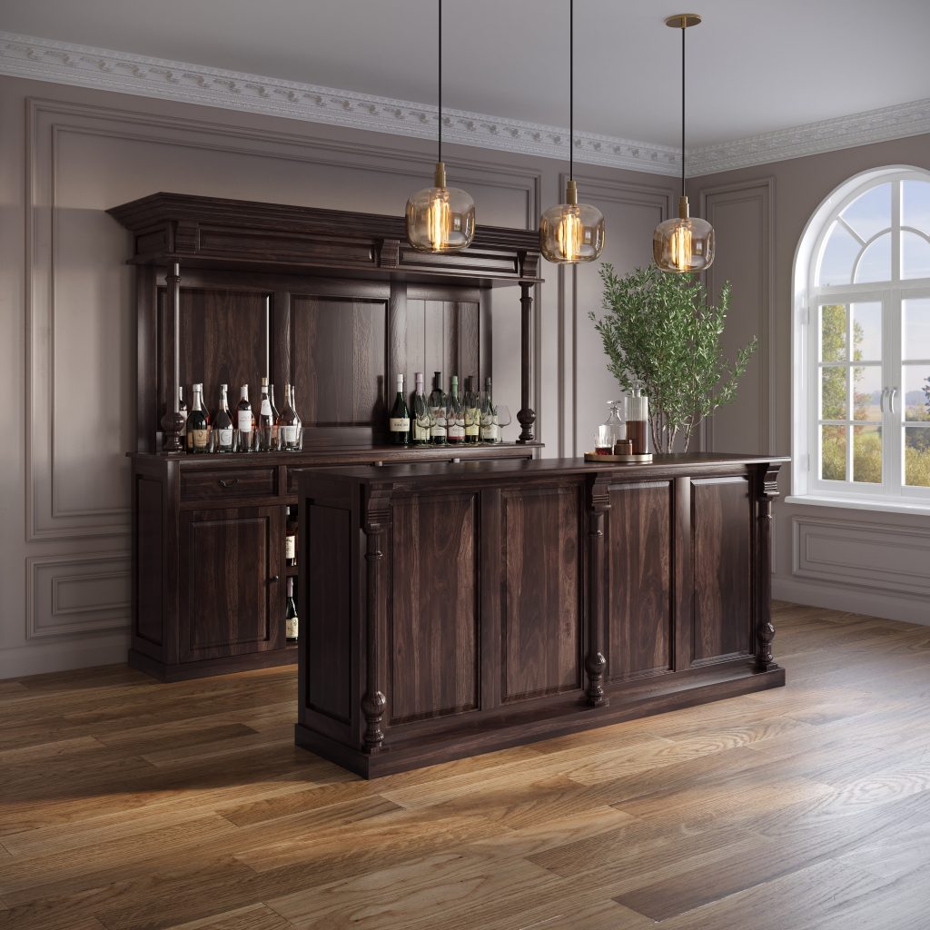 Dark Walnut Home Bar Set Featuring Deep Brown Panels & Columns – Bar ...