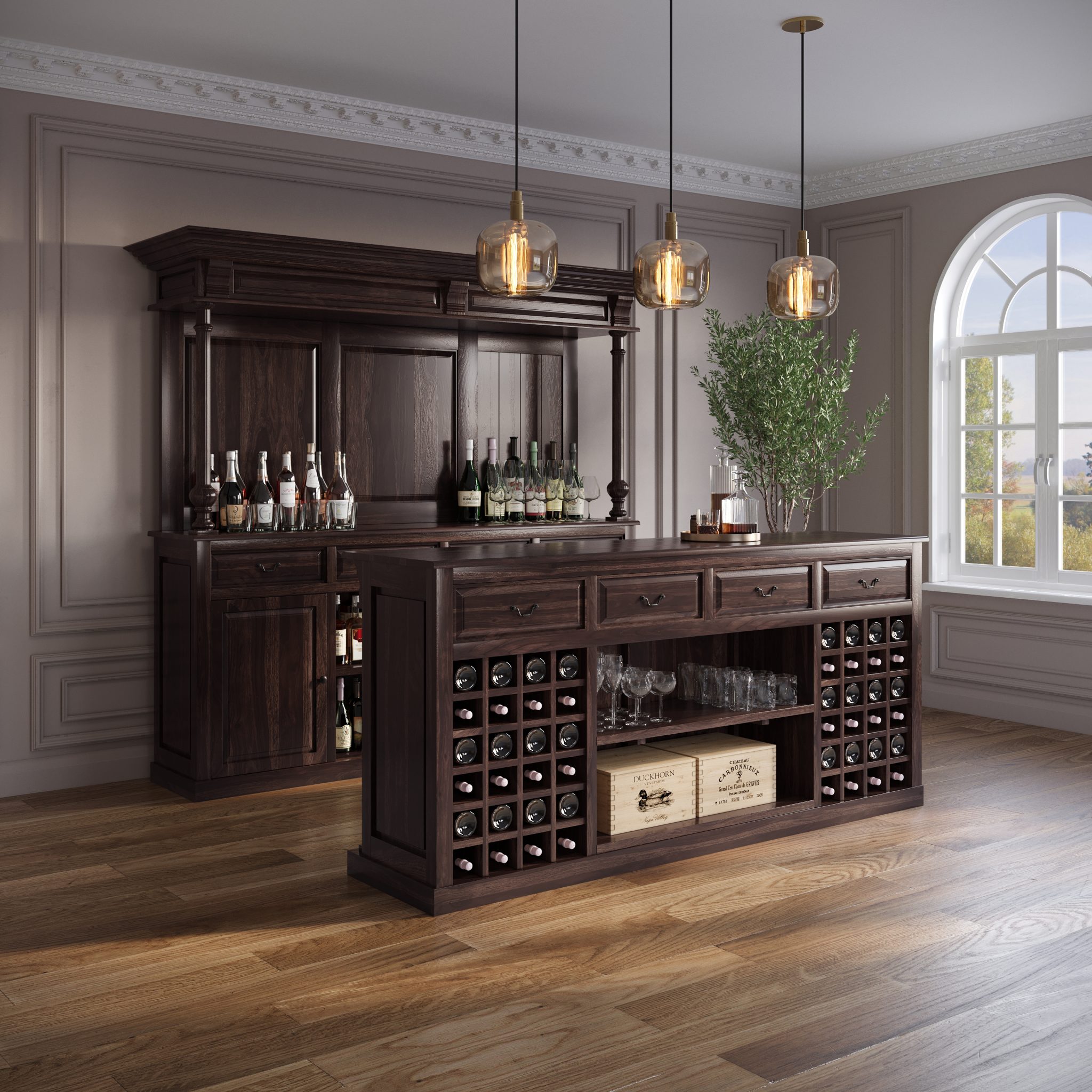 Dark Walnut Home Bar Set Featuring Deep Brown Panels & Columns – Bar ...