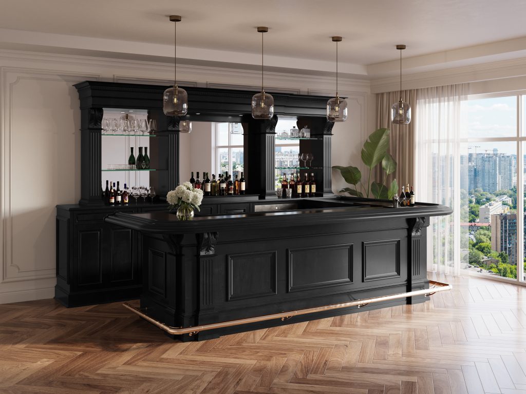 Large L-Shaped Black Bar with Mirrored Back – Bar WNL183 – WoodnLuxury